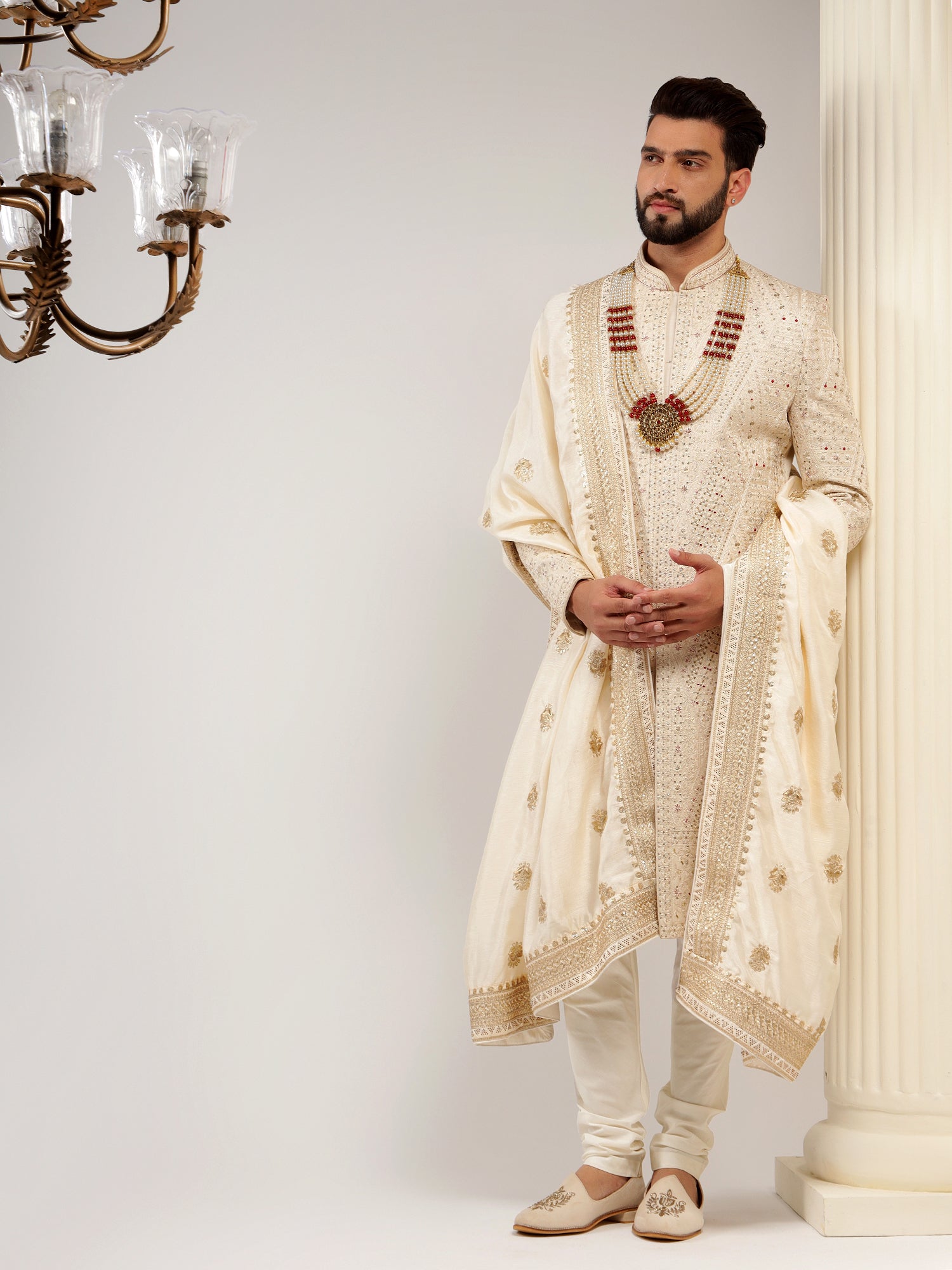 BEIGE SHERWANI SET WITH HEAVY EMBROIDERY WORK – Sherwani Rental